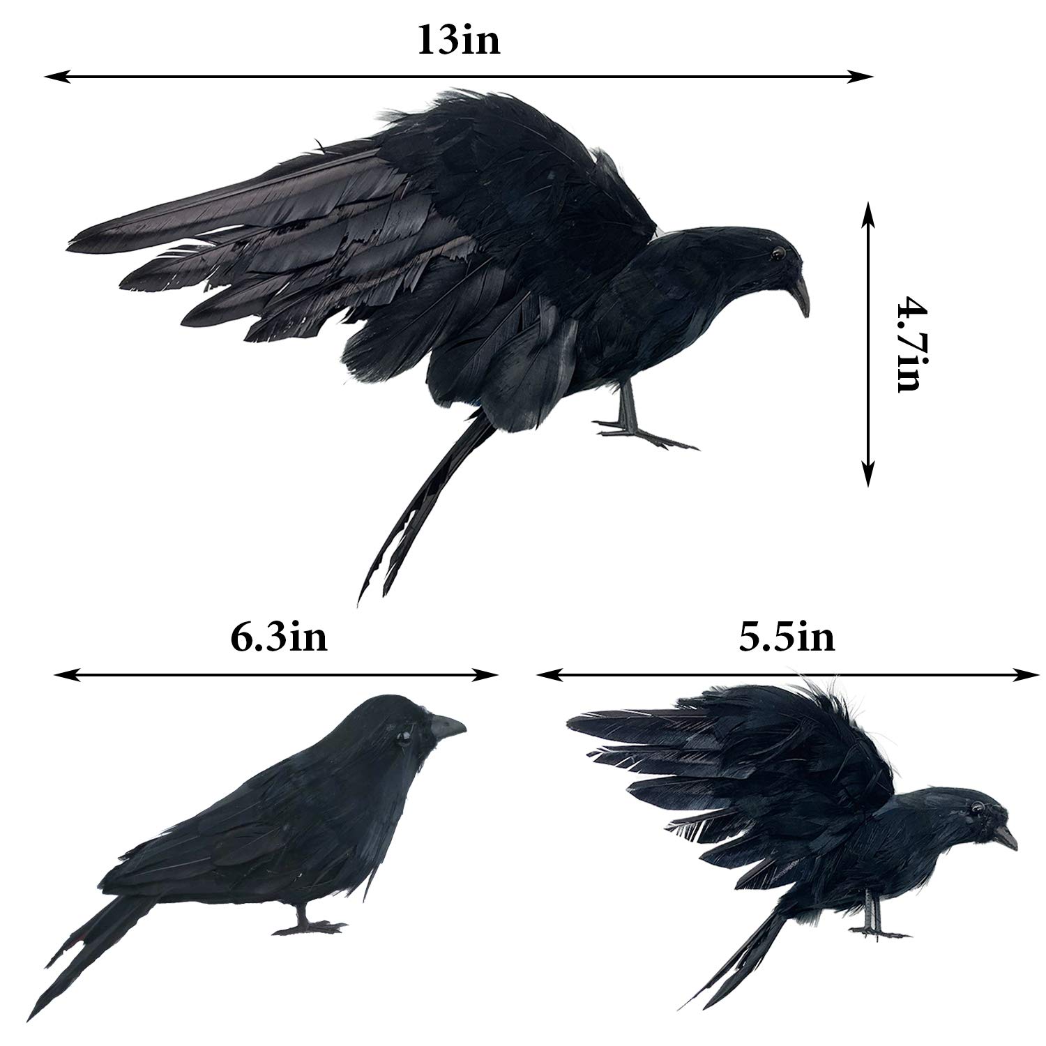 4Pack Realistic Black Feathered Crow Bird - 13" Halloween Artificial Handmade Feathered Crows and 6" Halloween Lifelike Raven for Halloween Costume Party Outdoor Indoor Decor (Assembly Required)