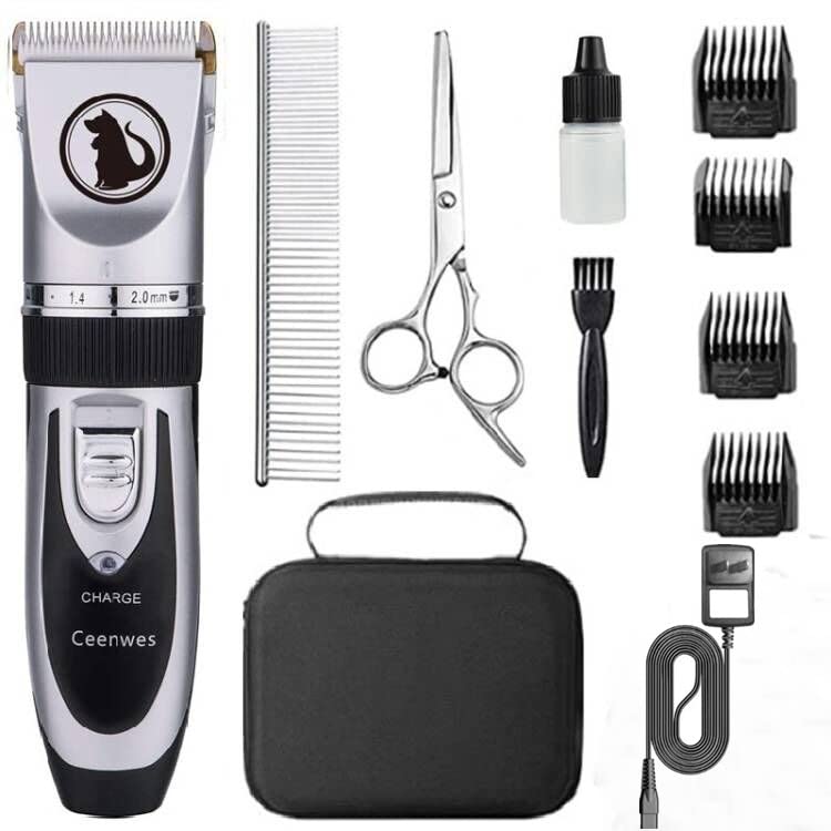 Ceenwes Dog Clippers with Storage Case, Low Noise Pet Clippers, Rechargeable Trimmer, Cordless Grooming Tool, Professional Hair Trimmer for Dogs, Cats & Others, Silver