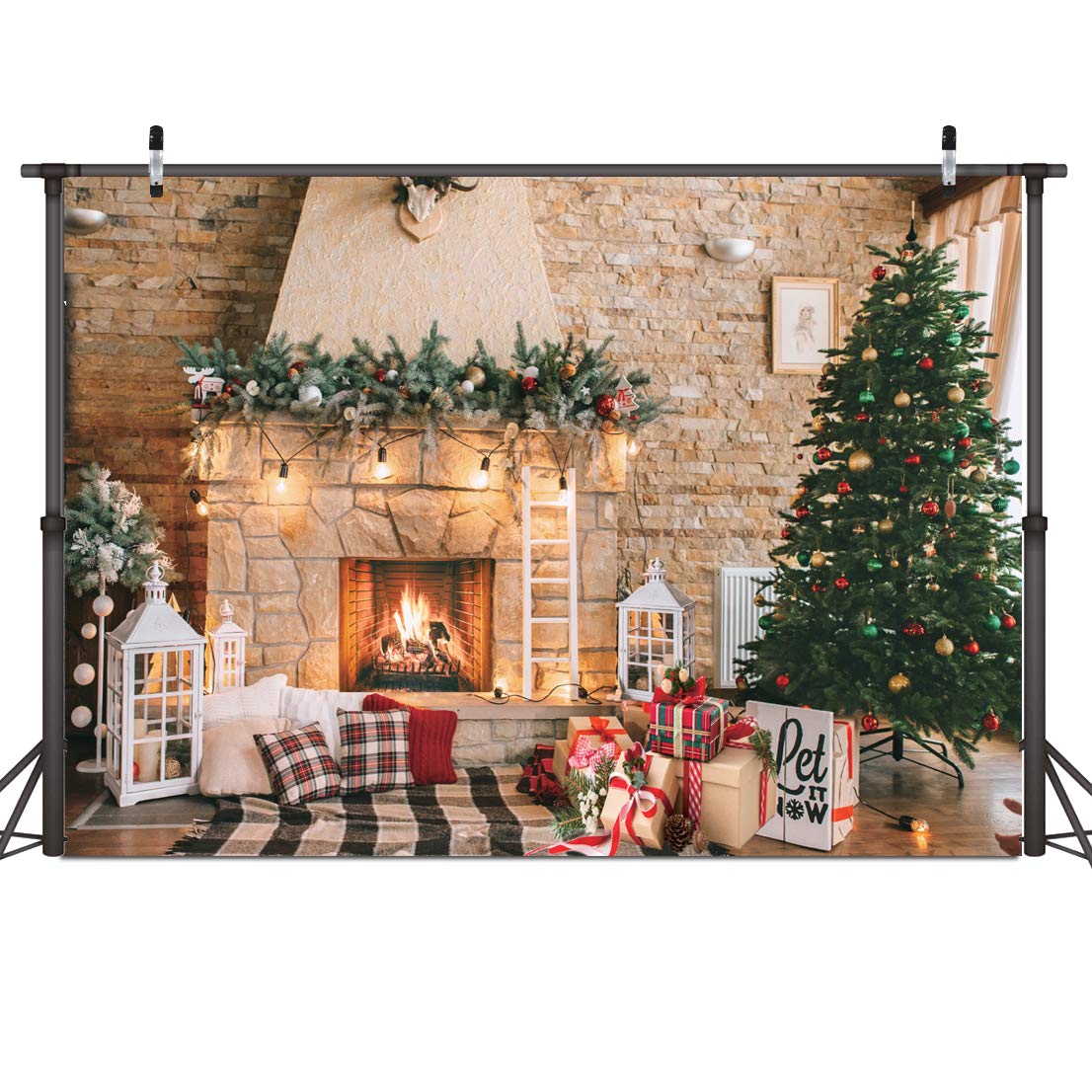 Dudaacvt 8x6ft Christmas Fireplace Theme Backdrop for Photography Christmas Photography Backdrop Merry Xmas Sock Gift Decorations Family Party Party Su pplies Banner Booth Props D470