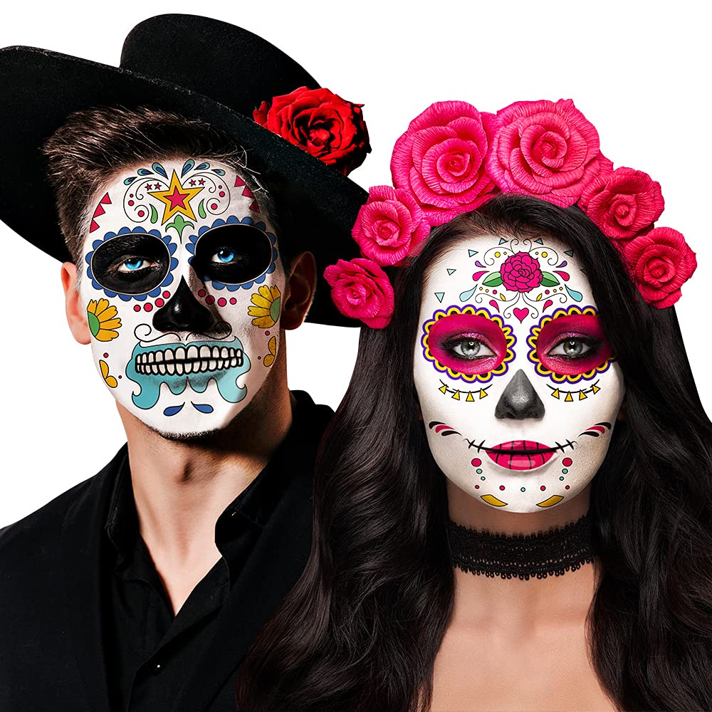 Day of the Dead Face Skeleton Tattoos/Dia De Los Muertos, Halloween Temporary Sugar Skull Costume Makeup Tattoos for Women/Men/Adults, 10 Sheets Floral Rose Party Costume Stickers Decor Match Catrina