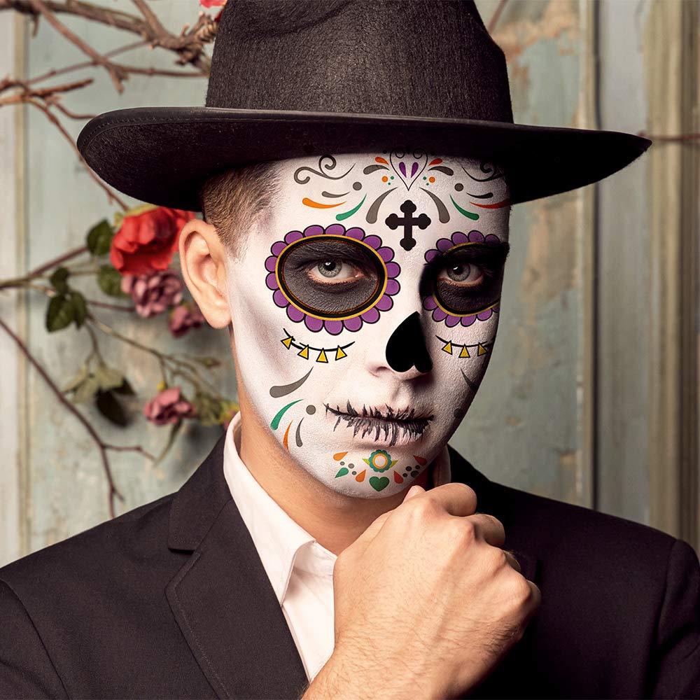 Day of the Dead Face Skeleton Tattoos/Dia De Los Muertos, Halloween Temporary Sugar Skull Costume Makeup Tattoos for Women/Men/Adults, 10 Sheets Floral Rose Party Costume Stickers Decor Match Catrina