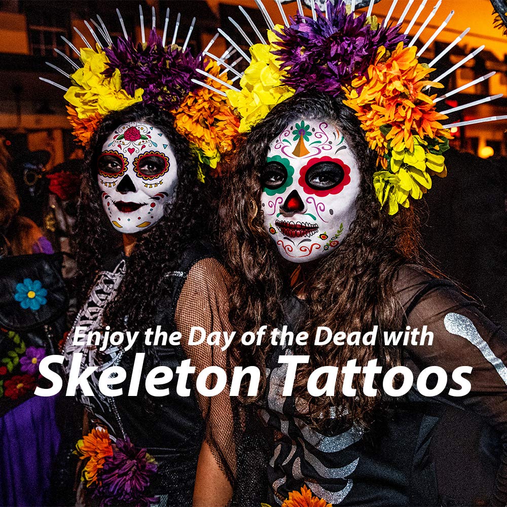 Day of the Dead Face Skeleton Tattoos/Dia De Los Muertos, Halloween Temporary Sugar Skull Costume Makeup Tattoos for Women/Men/Adults, 10 Sheets Floral Rose Party Costume Stickers Decor Match Catrina