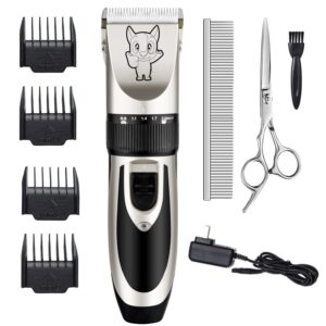 dog grooming kit clippers, low noise, electric quiet, rechargeable, cordless, pet hair thick coats clippers trimmers set, suitable for dogs, cats, and other pets (silver)