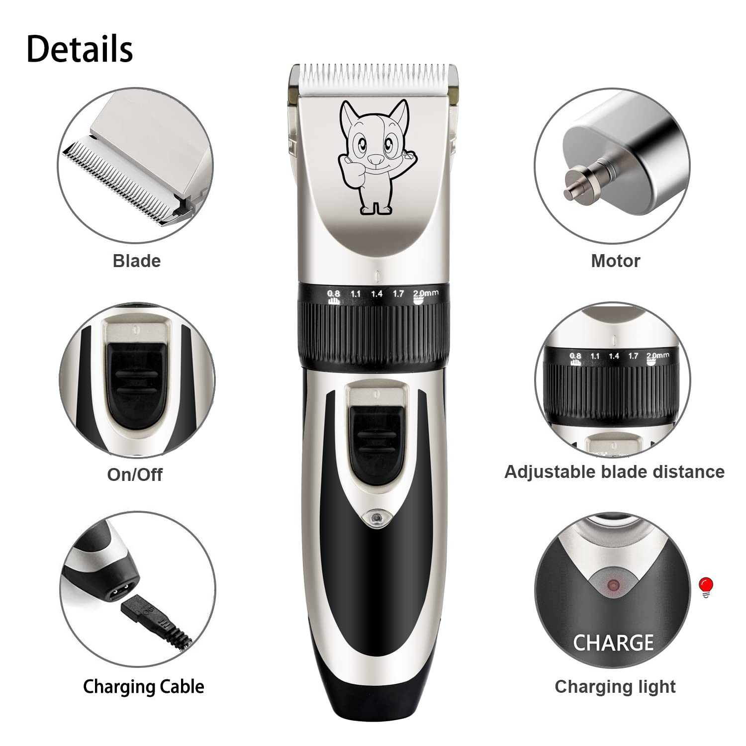 Dog Grooming Kit Clippers, Low Noise, Electric Quiet, Rechargeable, Cordless, Pet Hair Thick Coats Clippers Trimmers Set, Suitable for Dogs, Cats, and Other Pets (Silver)