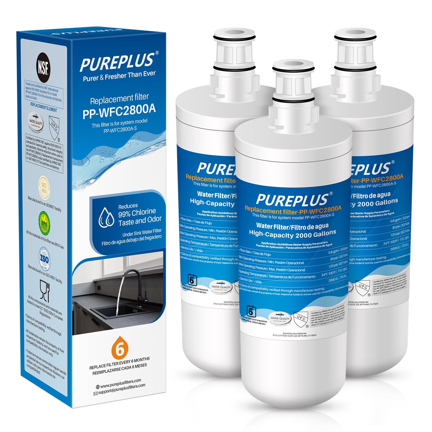 PUREPLUS 3US-AF01 Under Sink Water Filter Compatible with 3US-AF01, 3US-AS01, WHCF-SRC, WHCF-SUFC, WHCF-SUF, 3Pack