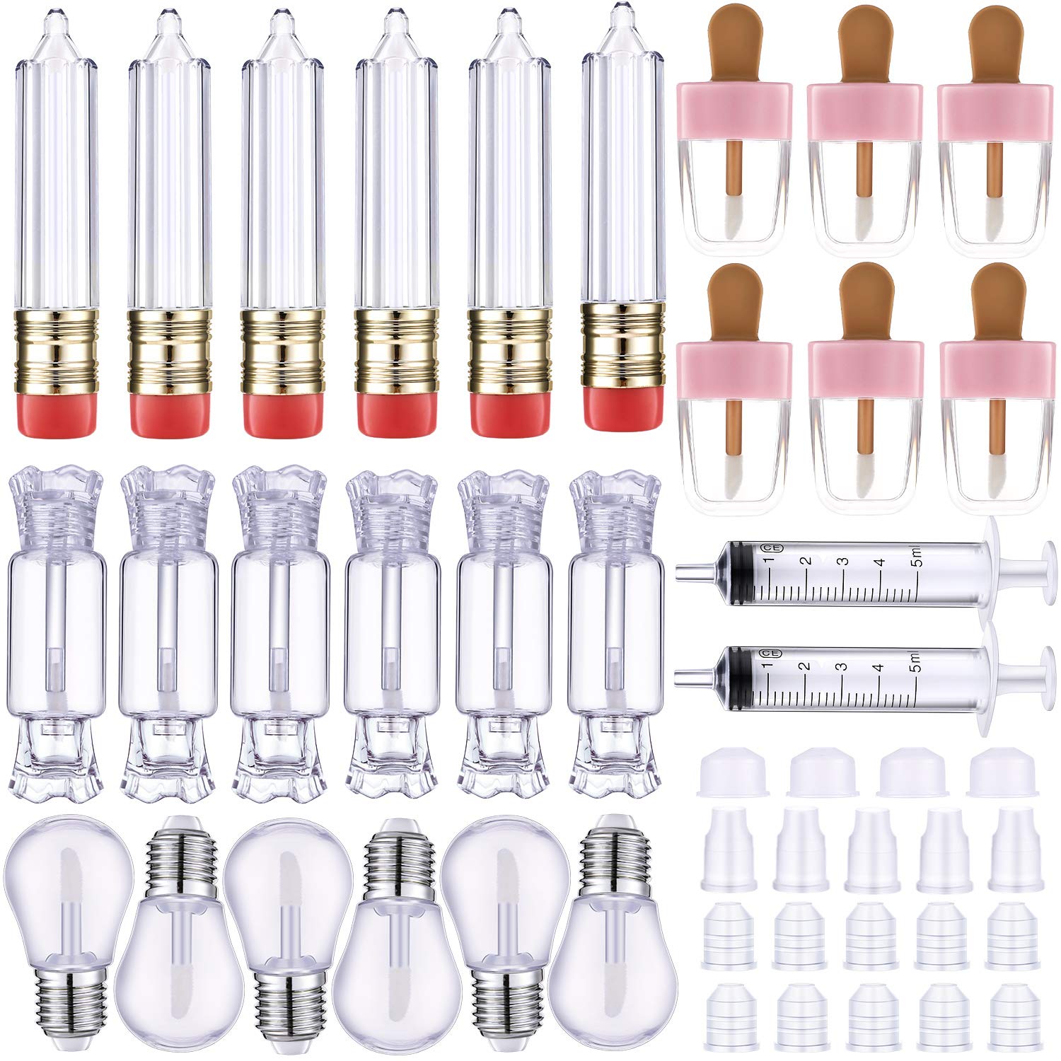 28 Pieces Transparent Empty Lip Gloss Tube Containers, Include 24 Pencil and Candy Shaped Oil Bottles, Ice Cream Funny Light Bulb Balm Tube, 4 Plastic Syringe for Women Girls DIY