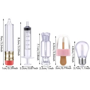 28 Pieces Transparent Empty Lip Gloss Tube Containers, Include 24 Pencil and Candy Shaped Oil Bottles, Ice Cream Funny Light Bulb Balm Tube, 4 Plastic Syringe for Women Girls DIY