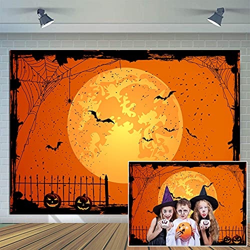 CYLYH 7x5ft Happy Halloween Orange Backdrop Halloween Eve BackdropHalloween Party Lantern Moon Bat Spider Web Graveyard Fence Photography Background Party Decorations