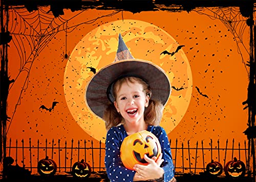 CYLYH 7x5ft Happy Halloween Orange Backdrop Halloween Eve BackdropHalloween Party Lantern Moon Bat Spider Web Graveyard Fence Photography Background Party Decorations