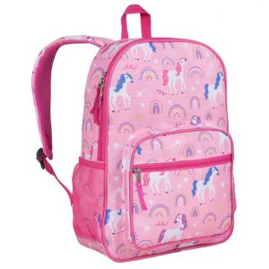 wildkin day2day kids backpack for boys and girls, perfect for elementary backpack for kids, features front and 2 side mesh pocket, ideal size for school and travel backpacks (rainbow unicorns)