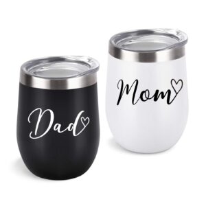 mom and dad wine tumbler set, funny christmas gifts for new parents new pregnancy new dad new mom anniversary birthday, stainless steel insulated wine tumbler with lid(12oz, black and white)