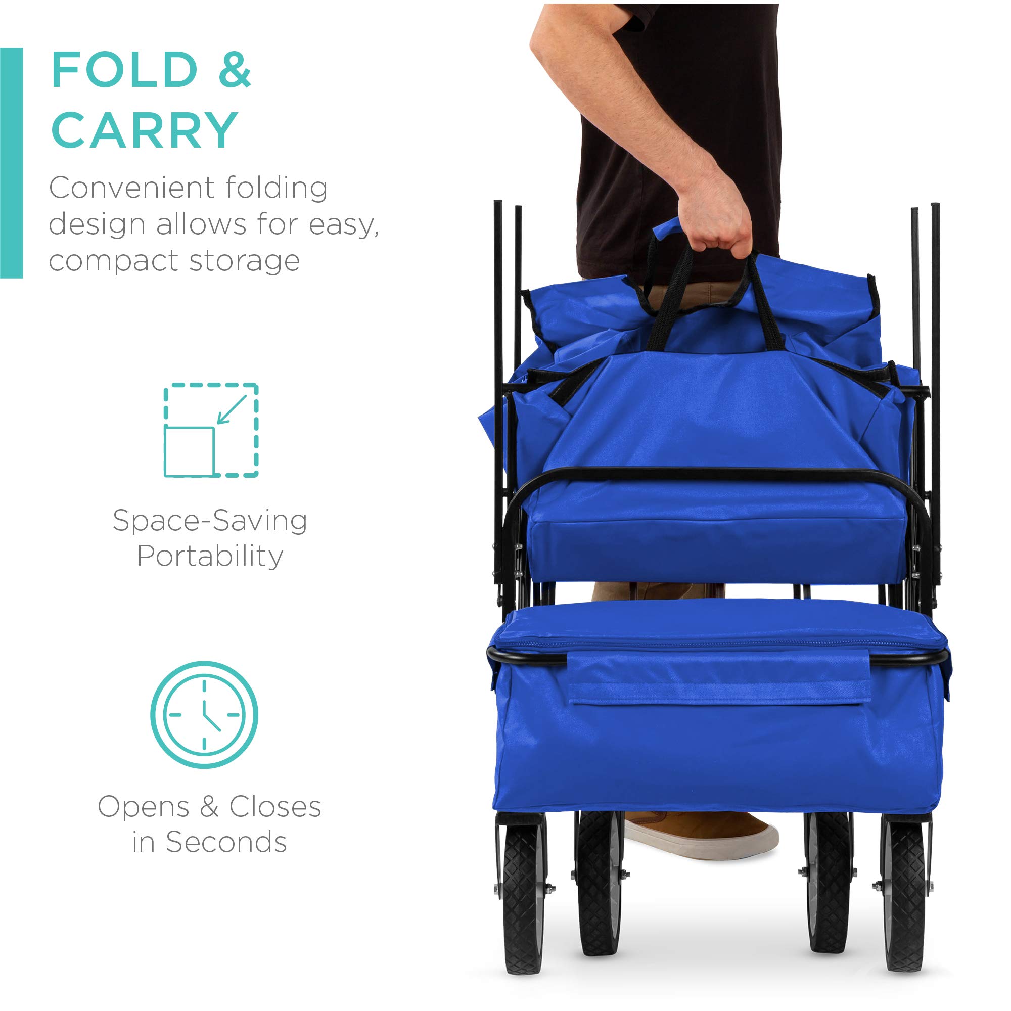 Best Choice Products Collapsible Folding Outdoor Utility Wagon with Canopy Garden Cart for Beach, Picnic, Camping, Tailgates w/Removable Canopy, Detachable Pockets, 150lb Weight Capacity - Blue