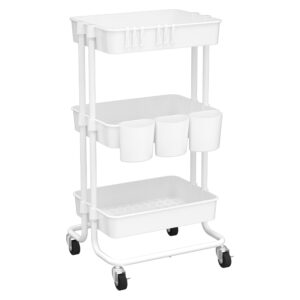 caxxa 3-tier rolling storage organizer with 3 small baskets - mobile utility cart with caster wheels (white)