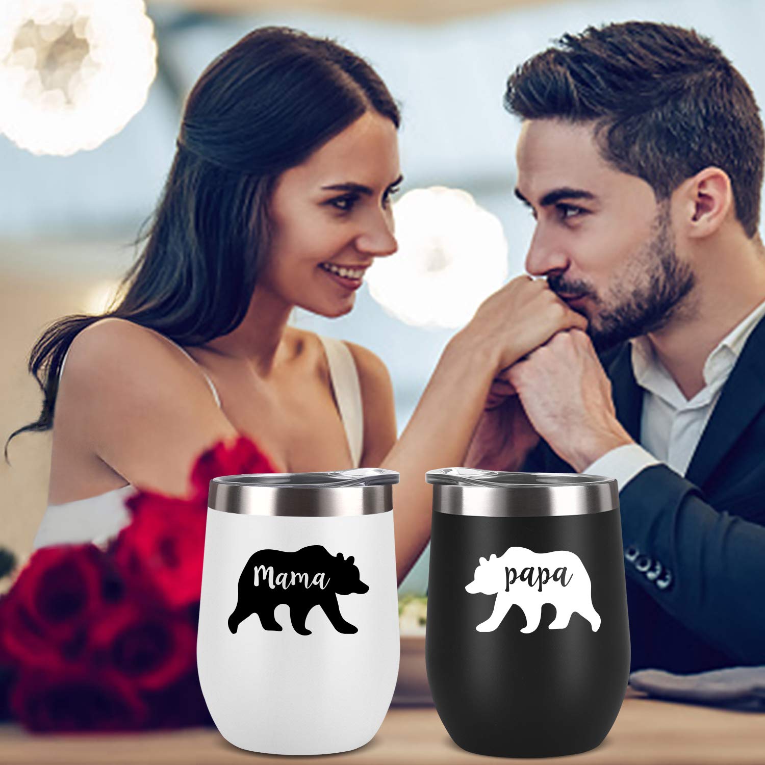 Gingprous Mama Bear, Papa Bear Couple Wine Tumbler Set, Gifts for Couples, New Parents, Pregnancy, New Mom and New Dad, 12 Oz Insulated Stainless Steel Wine Tumbler with Lid(Set of 2, Black and White)