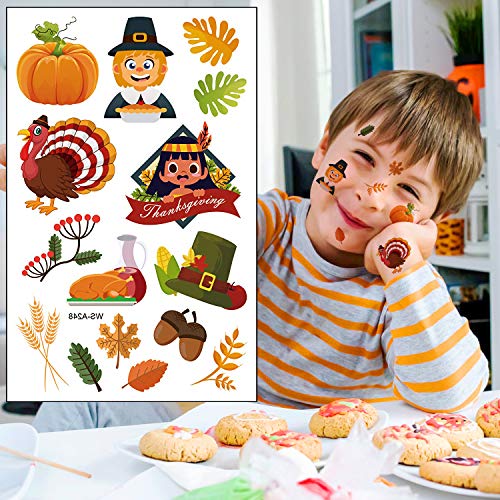 Konsait 130PCS Thanksgiving Tattoo,Thanksgiving Fall Autumn Leaves Tattoos Turkey Day Accessories Autumn Harvest Maple Festival Seasonal Decorations for Kids Girls Boy Gift