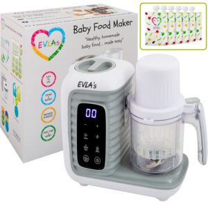 evla's double baby food maker, food processor with 2 steaming baskets, blender, grinder, steamer, cook & blends healthy homemade baby food in minutes, touch screen control, with 6 food pouches, white