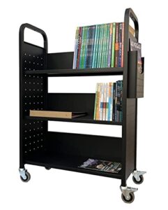 workington rolling book truck book cart with 3 flat shelves, library book cart with swivel lockable casters 3001 black