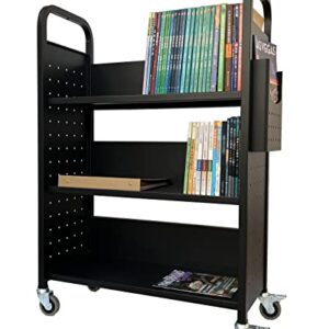 Workington Rolling Book Truck Book Cart with 3 Flat Shelves, Library Book Cart with Swivel Lockable Casters 3001 Black