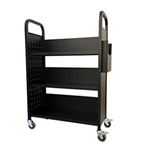 Workington Rolling Book Truck Book Cart with 3 Flat Shelves, Library Book Cart with Swivel Lockable Casters 3001 Black