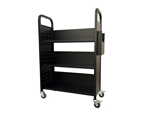 Workington Rolling Book Truck Book Cart with 3 Flat Shelves, Library Book Cart with Swivel Lockable Casters 3001 Black