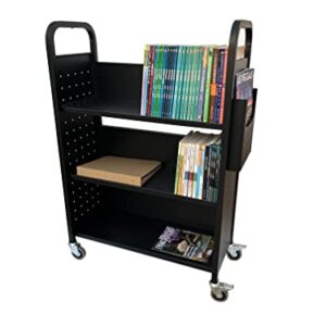 Workington Rolling Book Truck Book Cart with 3 Flat Shelves, Library Book Cart with Swivel Lockable Casters 3001 Black