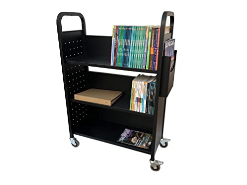 Workington Rolling Book Truck Book Cart with 3 Flat Shelves, Library Book Cart with Swivel Lockable Casters 3001 Black