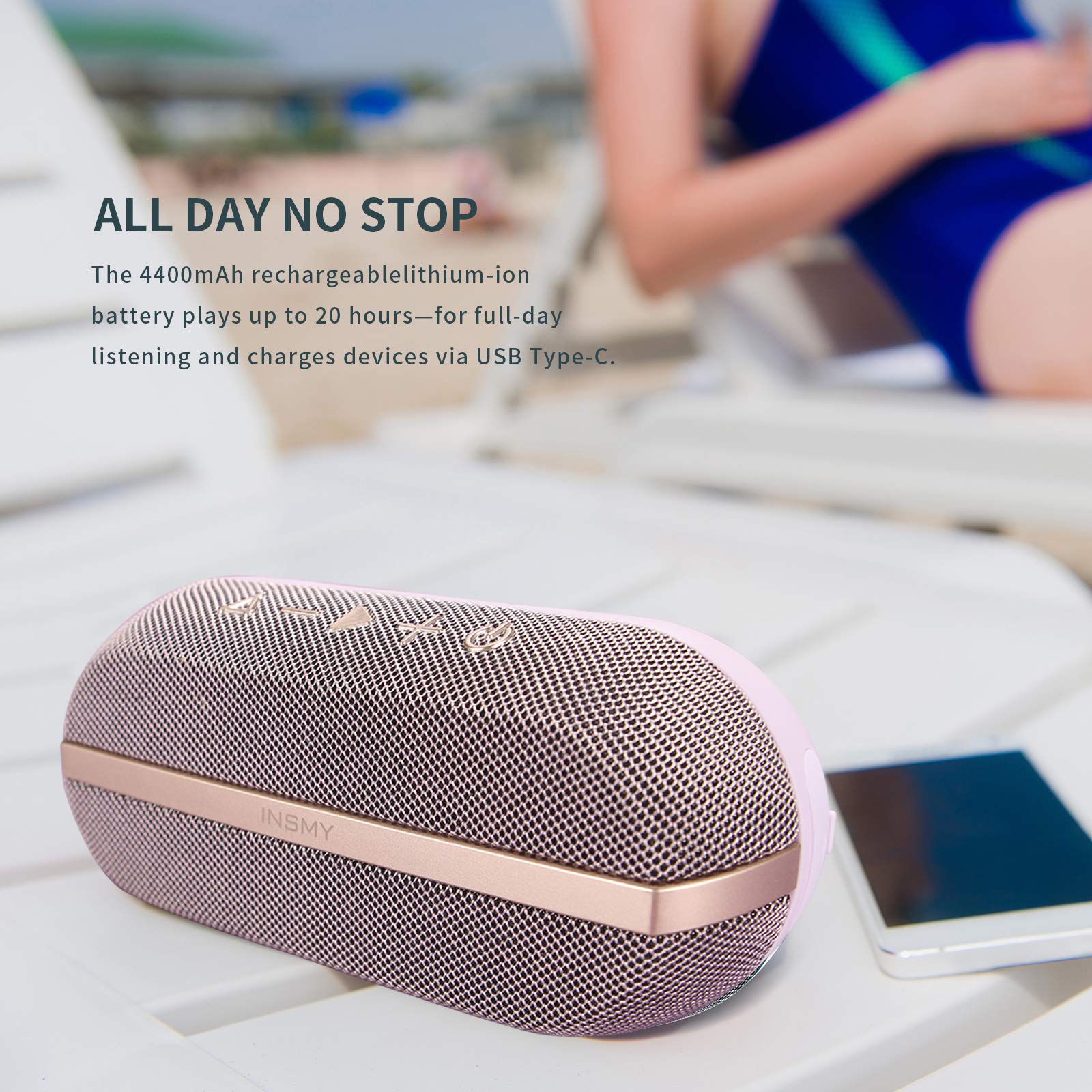 INSMY Portable Bluetooth Speakers, IPX7 Waterproof Floating 20W Wireless Speaker Loud Sound Rich Bass, Stereo Pairing Max 40W, 24 Hours Built-in Mic for Outdoors Camping Pool (Purple)