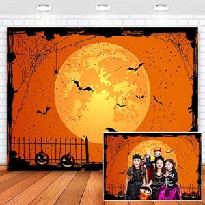 chaiya 7x5ft happy halloween backdrop jack o'lantern pumpkin lantern orange night moon bat spider web graveyard fence photography background cy-126