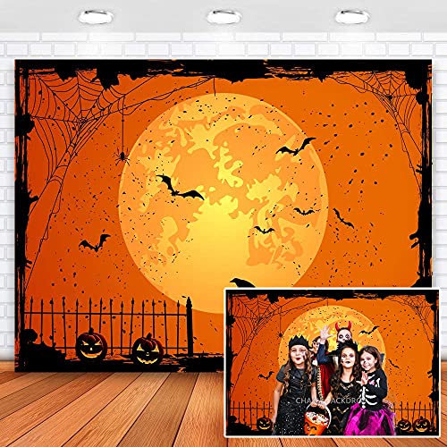 CHAIYA 7x5ft Happy Halloween Backdrop Jack O'Lantern Pumpkin Lantern Orange Night Moon Bat Spider Web Graveyard Fence Photography Background CY-126