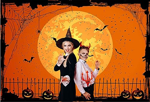 CHAIYA 7x5ft Happy Halloween Backdrop Jack O'Lantern Pumpkin Lantern Orange Night Moon Bat Spider Web Graveyard Fence Photography Background CY-126