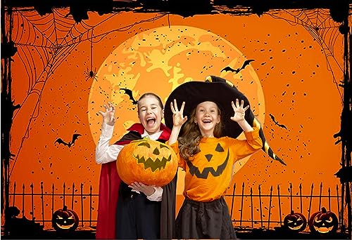 CHAIYA 7x5ft Happy Halloween Backdrop Jack O'Lantern Pumpkin Lantern Orange Night Moon Bat Spider Web Graveyard Fence Photography Background CY-126