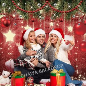 CHAIYA 7x5ft Christmas Red Background Winter Snowflake New Year's Eve Photography Family Party Shining Stars Background Red Happy Background Baby Shower Decoration Photo Studio Road CY128