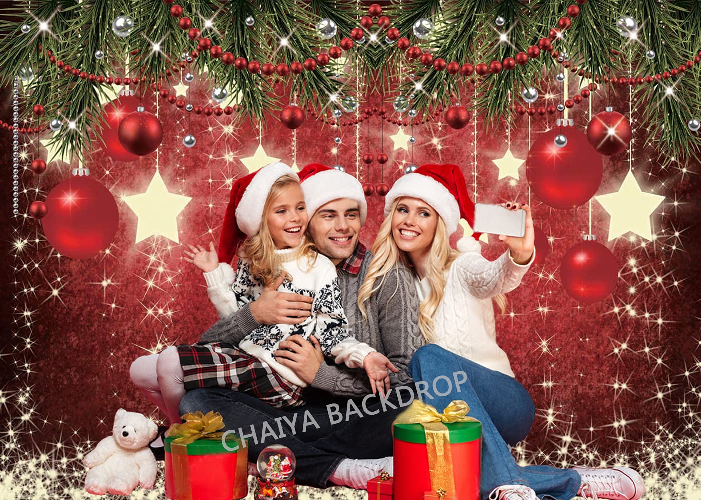 CHAIYA 7x5ft Christmas Red Background Winter Snowflake New Year's Eve Photography Family Party Shining Stars Background Red Happy Background Baby Shower Decoration Photo Studio Road CY128