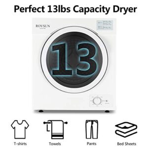 ROVSUN 13LBS Portable Clothes Dryer, 3.2 Cu. Ft Tumble Laundry Dryer Machine with Stainless Steel Tub, Easy Control Knob, 7 Drying Modes-1500W, White