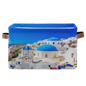 agona beautiful oia town on santorini greece large foldable storage bin decorative fabric storage box organizer containers baskets with leather handles for shelves home closet bedroom office 2 pack