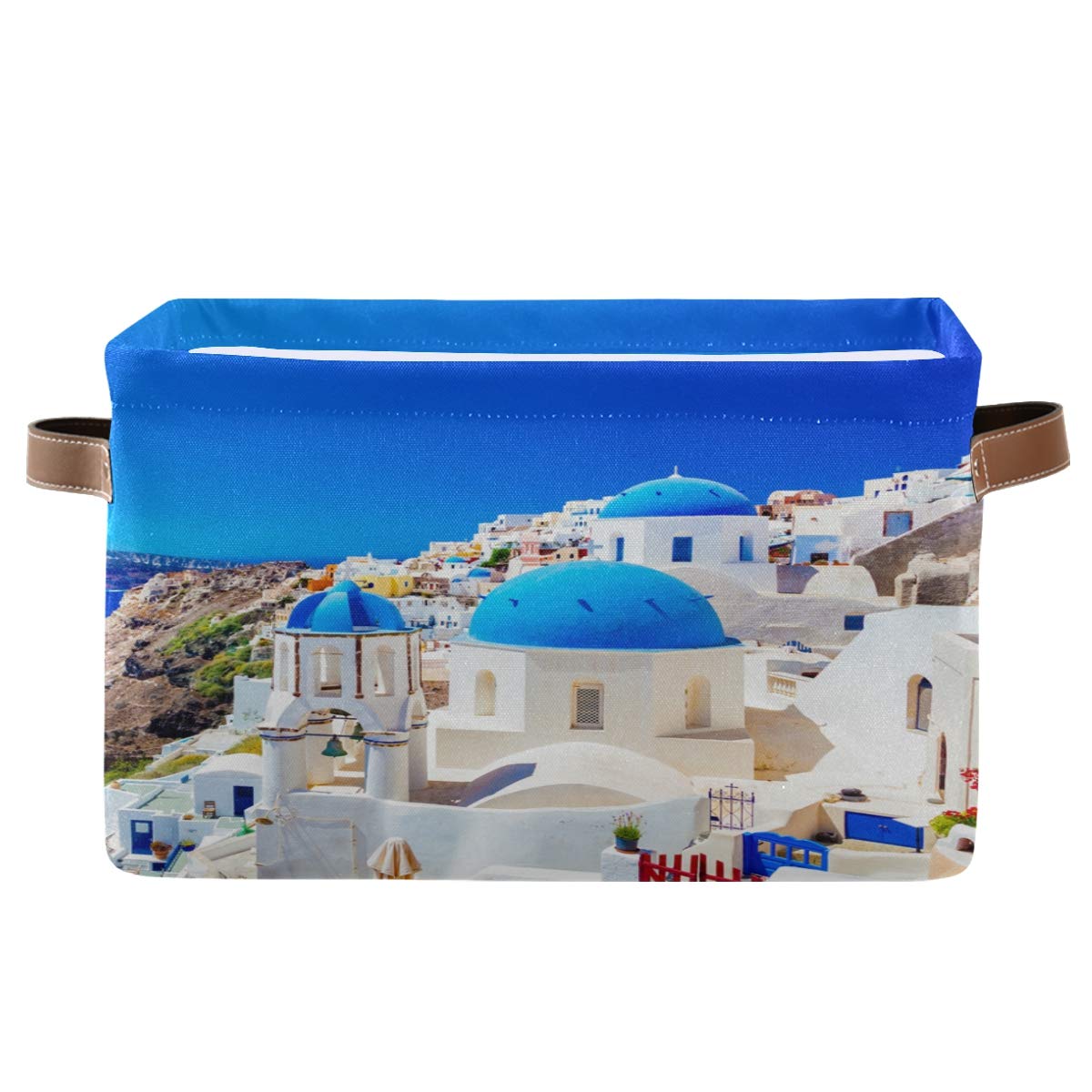 AGONA Beautiful Oia Town On Santorini Greece Large Foldable Storage Bin Decorative Fabric Storage Box Organizer Containers Baskets with Leather Handles for Shelves Home Closet Bedroom Office 2 Pack