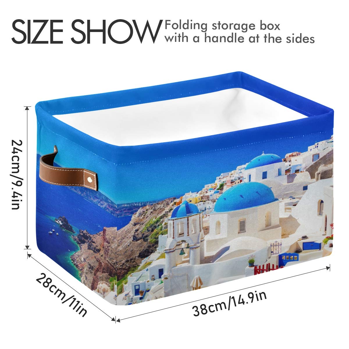 AGONA Beautiful Oia Town On Santorini Greece Large Foldable Storage Bin Decorative Fabric Storage Box Organizer Containers Baskets with Leather Handles for Shelves Home Closet Bedroom Office 2 Pack