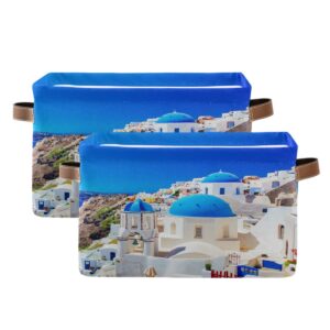 AGONA Beautiful Oia Town On Santorini Greece Large Foldable Storage Bin Decorative Fabric Storage Box Organizer Containers Baskets with Leather Handles for Shelves Home Closet Bedroom Office 2 Pack