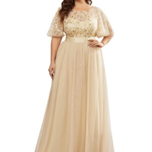 Ever-Pretty Women's Round Neck A-Line Tulle Sequin Plus Size Formal Dresses for Women Gold US18