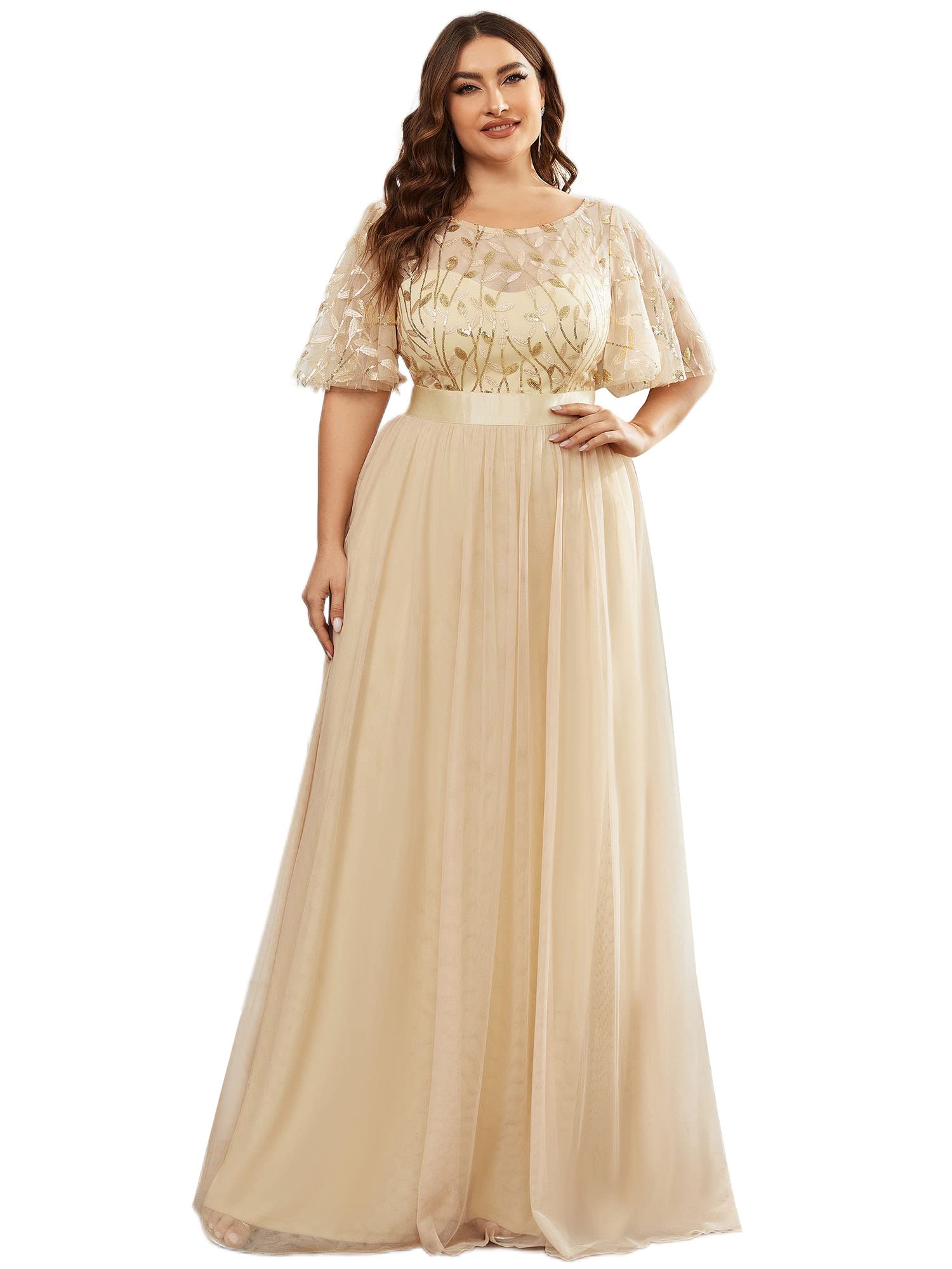 Ever-Pretty Women's Round Neck A-Line Tulle Sequin Plus Size Formal Dresses for Women Gold US18