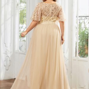 Ever-Pretty Women's Round Neck A-Line Tulle Sequin Plus Size Formal Dresses for Women Gold US18