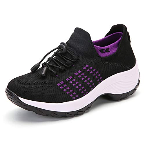 Womens Walking Shoes Sock Sneakers Slip on Arch Support Mesh Breathable Lightweight Running Tennis Shoes Casual Platform Loafers Black Purple Size 6