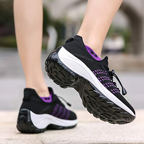 Womens Walking Shoes Sock Sneakers Slip on Arch Support Mesh Breathable Lightweight Running Tennis Shoes Casual Platform Loafers Black Purple Size 6