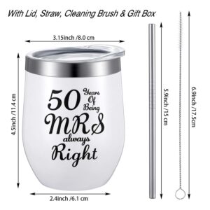 2 Pack 50th Anniversary Couple Cups Present, 50 Years of Being MR/MRS Always Right, Funny Wedding Anniversary Present for Grandparents, 12 oz Wine Tumbler for Celebrating Golden 50th Anniversary