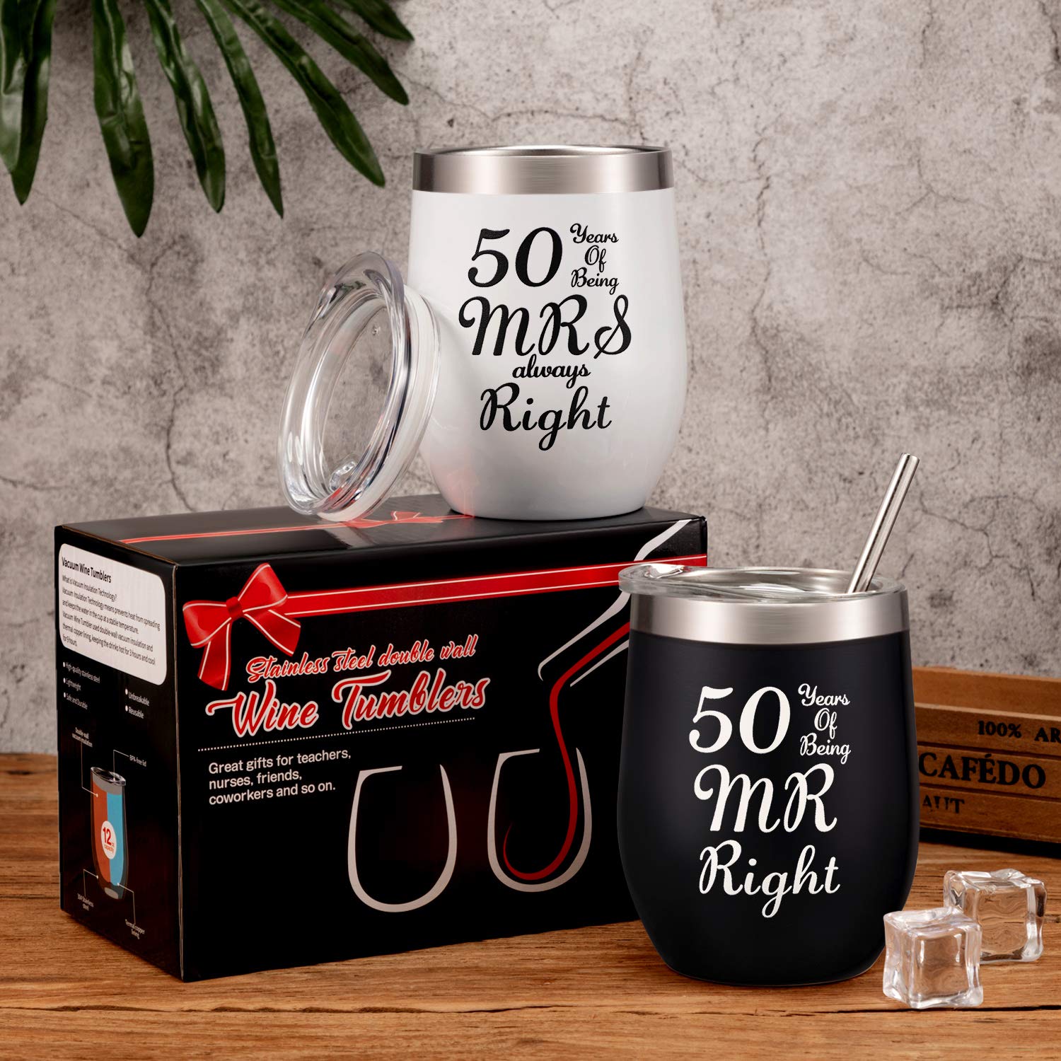 2 Pack 50th Anniversary Couple Cups Present, 50 Years of Being MR/MRS Always Right, Funny Wedding Anniversary Present for Grandparents, 12 oz Wine Tumbler for Celebrating Golden 50th Anniversary