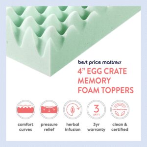 Best Price Mattress 4 Inch Egg Crate Memory Foam Mattress Topper with Calming Aloe Infusion, CertiPUR-US Certified, Twin, Green