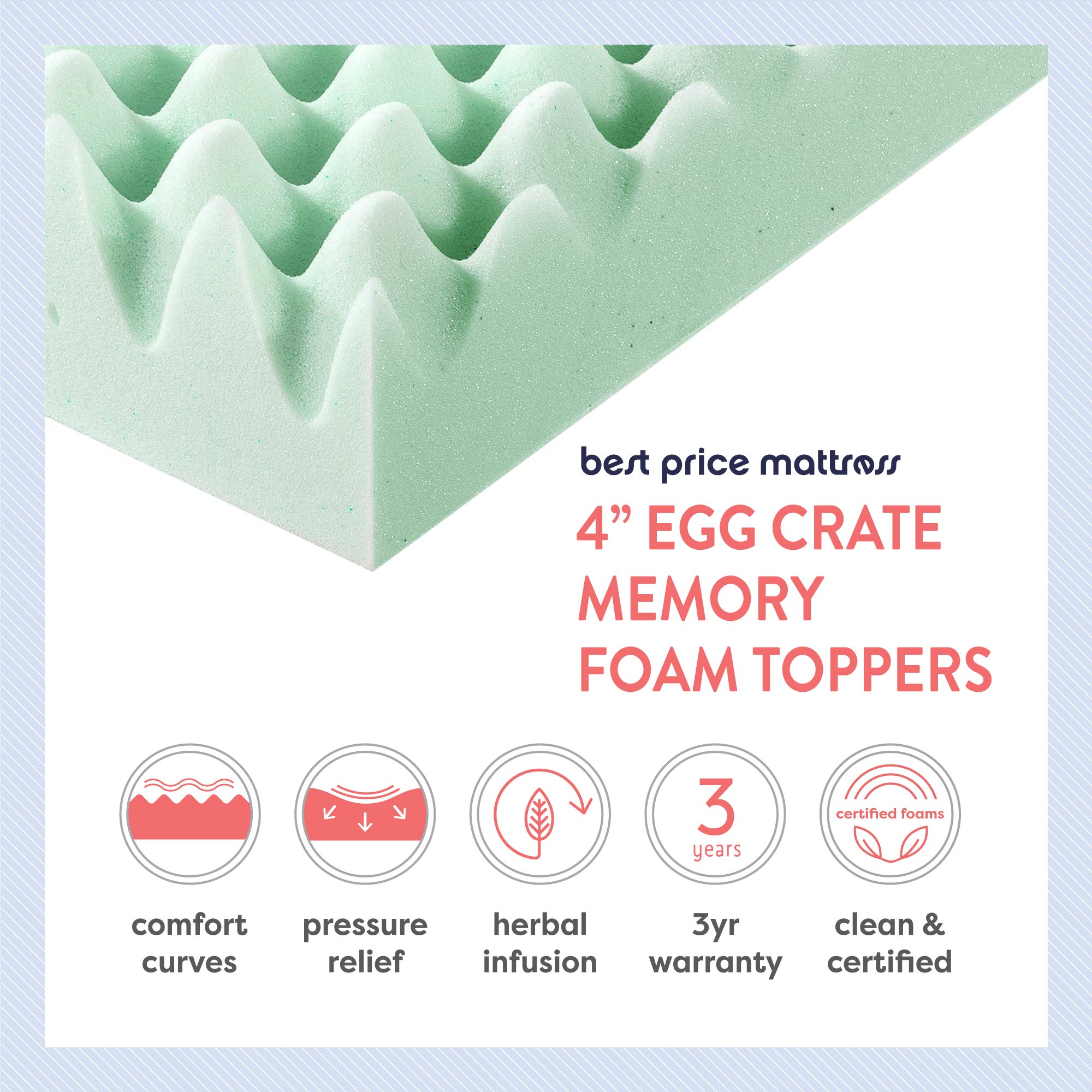 Best Price Mattress 4 Inch Egg Crate Memory Foam Mattress Topper with Calming Aloe Infusion, CertiPUR-US Certified, Twin, Green