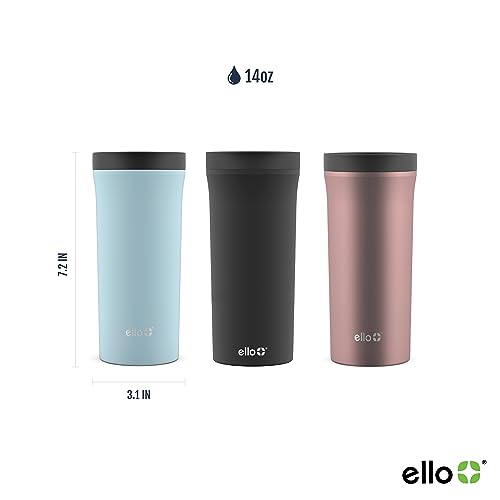 Ello Arabica 14oz Vacuum Insulated Stainless Steel Powder Coat Travel Mug with Leak-Proof Slider Lid, Keeps Hot for 5 Hours, Perfect for Coffee or Tea, BPA-Free Tumbler, Black