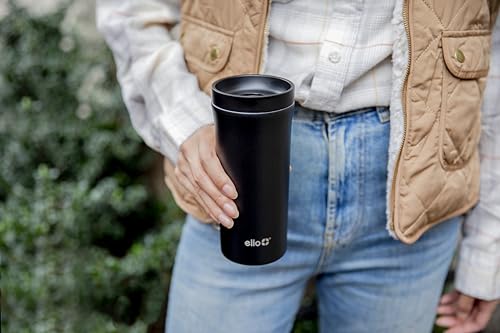 Ello Arabica 14oz Vacuum Insulated Stainless Steel Powder Coat Travel Mug with Leak-Proof Slider Lid, Keeps Hot for 5 Hours, Perfect for Coffee or Tea, BPA-Free Tumbler, Black