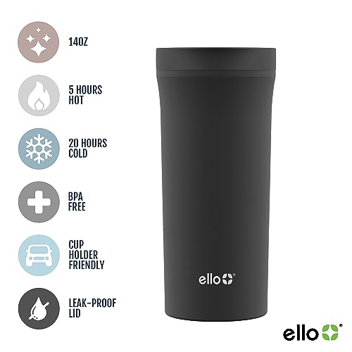 Ello Arabica 14oz Vacuum Insulated Stainless Steel Powder Coat Travel Mug with Leak-Proof Slider Lid, Keeps Hot for 5 Hours, Perfect for Coffee or Tea, BPA-Free Tumbler, Black